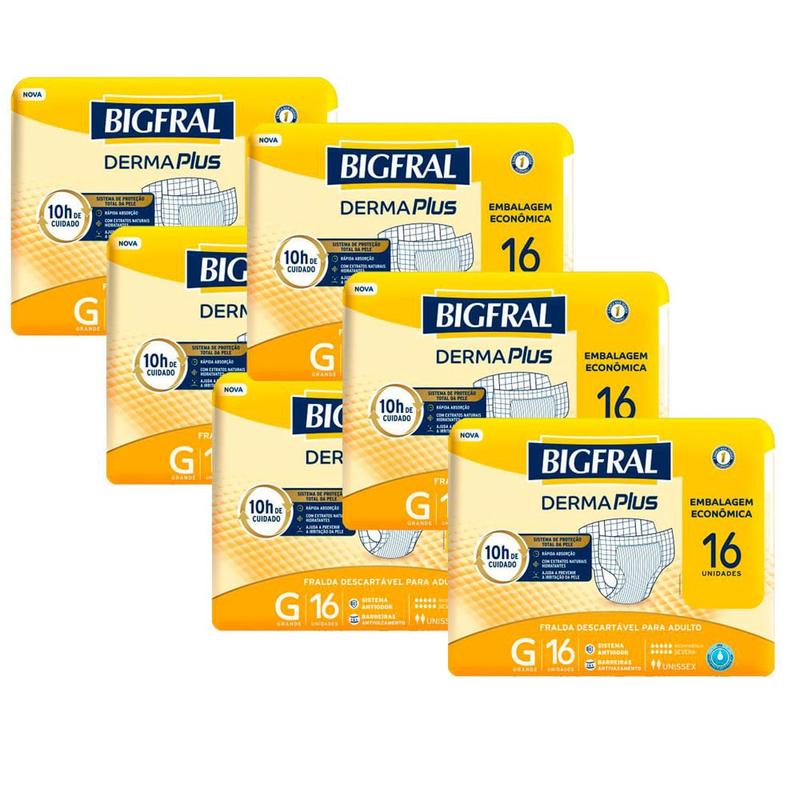 Kit 6 Fralda Geriátrica Bigfral Derma Plus Prática G 16 Unidades cada ...