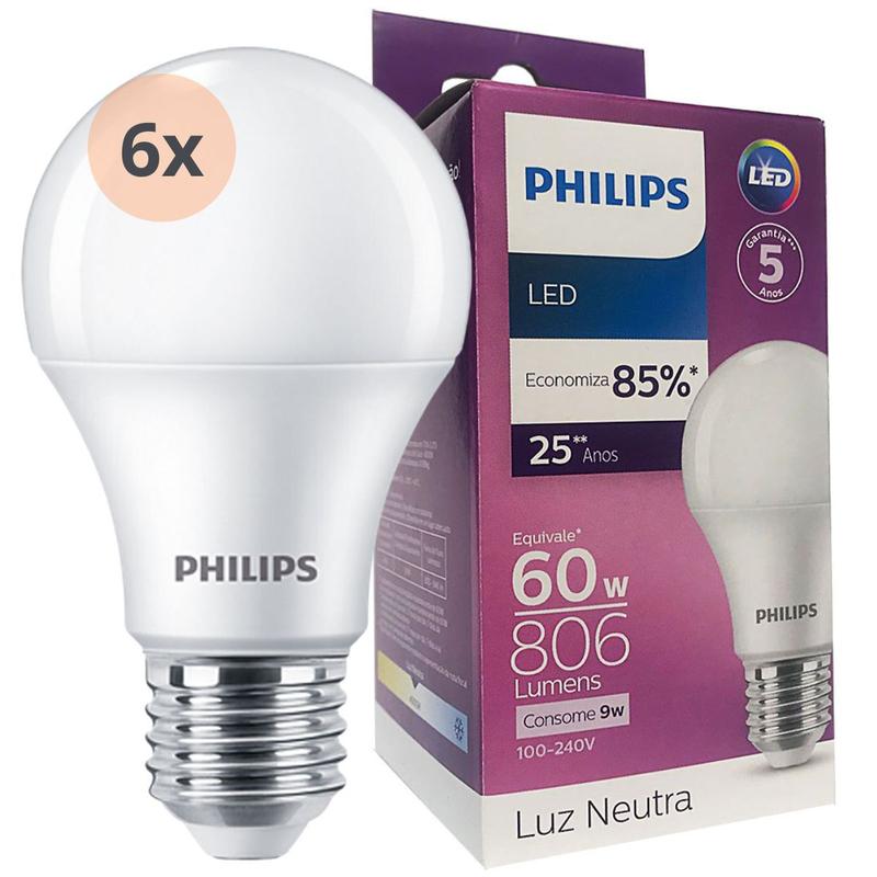 Kit 6 Lâmpadas Led Philips Bulbo 9w Equivale 60w E27 Bivolt - Lâmpada ...