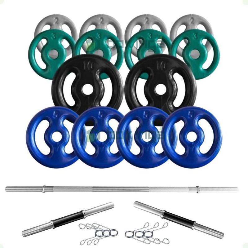 Kit 60 Kg de Anilhas Emborrachadas + 2 Barras Maciças Zincada 40cm e ...