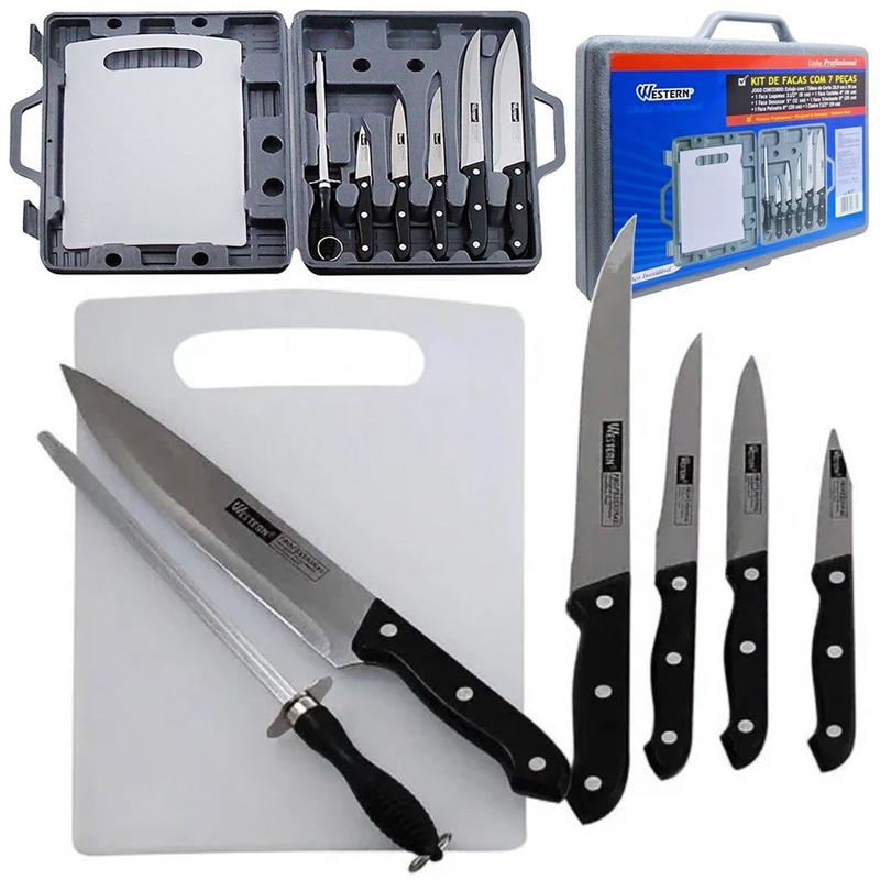 Kit 7 Facas Inox Maleta Churrasco Cozinha Tábua Chaia Amolador Peixeira ...