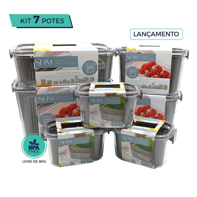 Kit 7 Potes Herméticos Multiuso Slim C/ Cesto Legumes Frutas ...