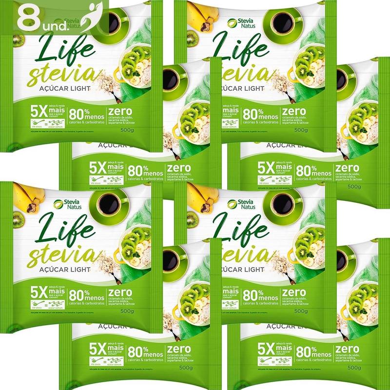 Kit 8 Açúcar Light Life Stevia Adoça e Rende 5x mais Stevia Natus 500g ...