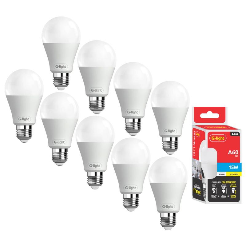 Kit 9 Lâmpada LED Bulbo 15w 1311 Lumens Alta Potência Luz Branco Frio 6500K Autovolt 100V/240V ...