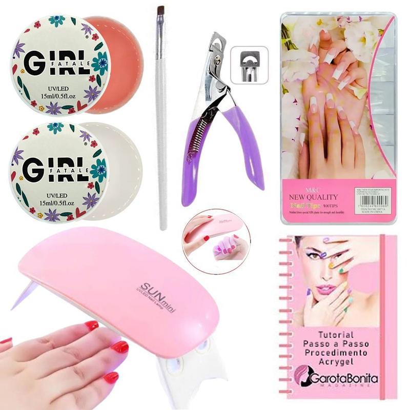 Kit Acrygel Cabine Sun Mini Alongamento Extensão Tips Pincel - GAROTA ...