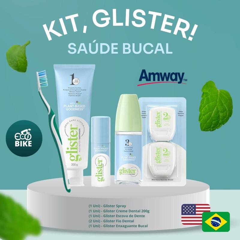 KIT AMWAY GLISTER - 1 escova, 1 creme dental, 1 enxaguante, 2 fio ...