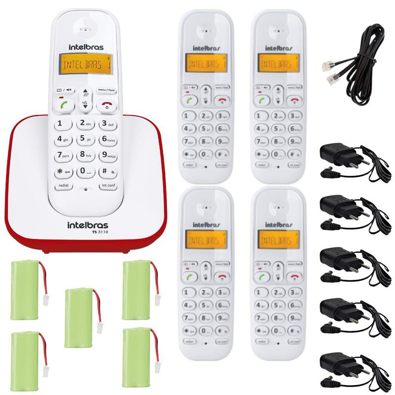 Kit Aparelho Telefone Fixo Sem Fio Vermelho Com 4 Ramal Bina ...