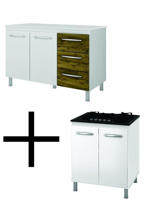 Kit Balcão Gabinete Pia Armário Cozinha 100cm Lolla Branco/Castanho ...