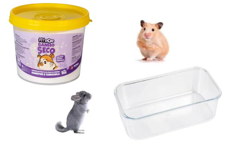 Kit Banho Seco + Banheira Retangular Para Hamster Chinchila - Jel Plast ...