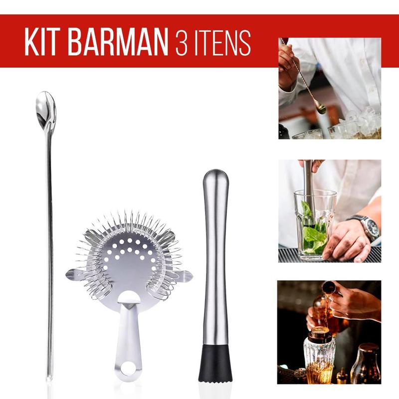 Kit Bartender Drinks Socador Macerador Colher Bailarina Coador Strainer ...