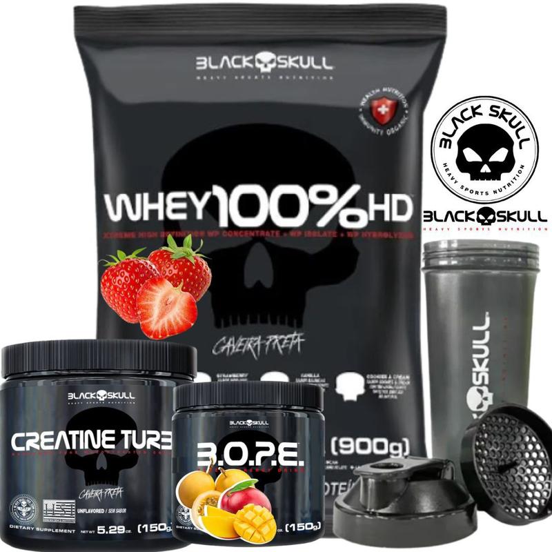 Kit Black Skull Combo Whey 100% HD 900g + Creatina Turbo 150g + Pré Treino Bope 150g ...
