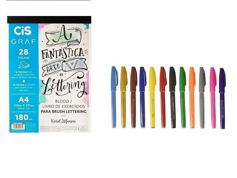 Kit Bloco Lettering e Caneta Pincel Pentel Brush Sign 12 cores - Caneta ...