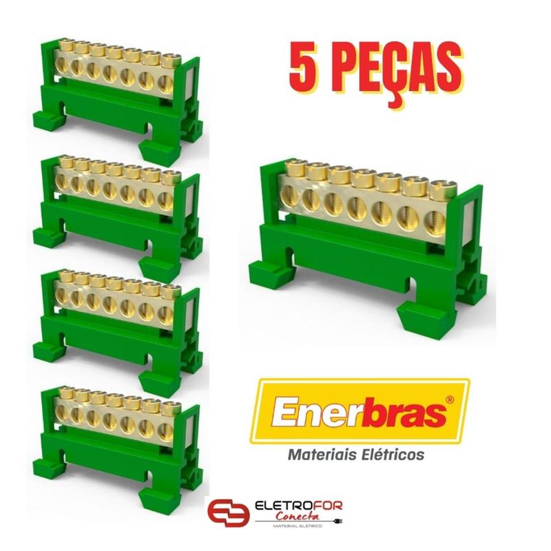 Kit Borneira 5 peças barramento Terra Verde 7 furos enerbras trilho din ...