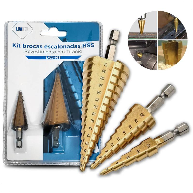 Kit Broca Escalonada de Aço HSS com Titânio Jogo 3 Peças Conico Furo em ...