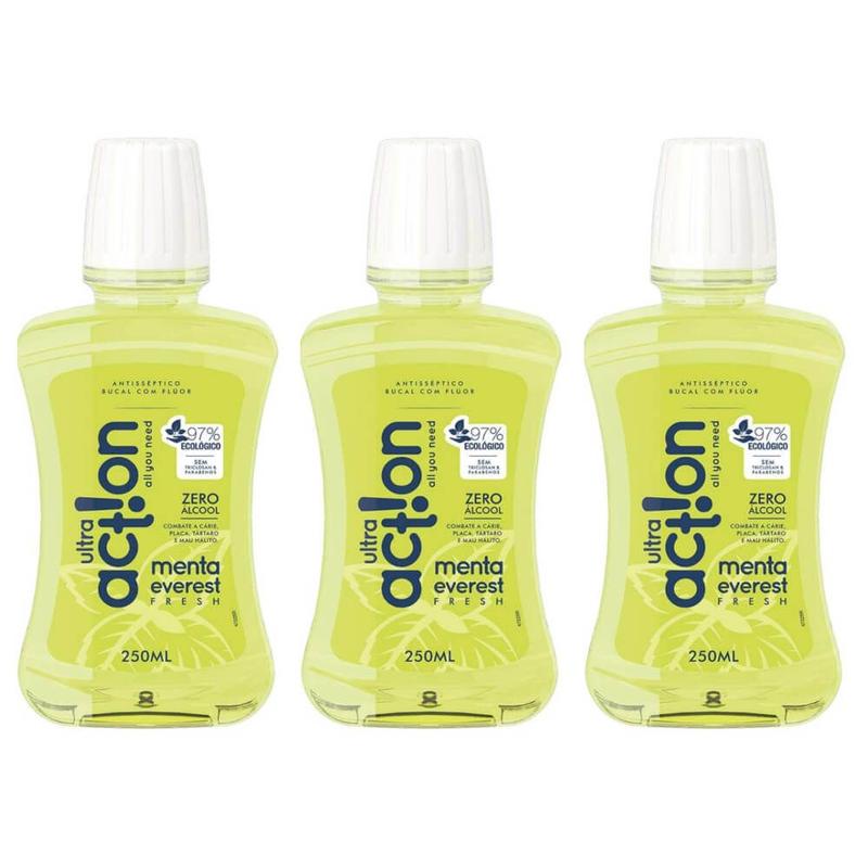 Kit C/03 Ultra Action Everest Enxaguante Bucal Menta S/ Álcool 250ml - Antisséptico / Enxaguante ...