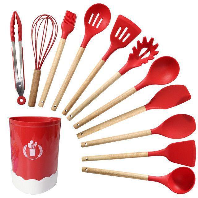 Kit C/12 Utensílios De Cozinha Silicone Cabo Madeira - Merlink ...