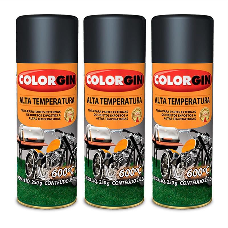 Kit c/ 3 Spray Alta Temperatura 600 c Secagem Rápida 350ml - Preto - Colorgin - Tinta Spray para ...