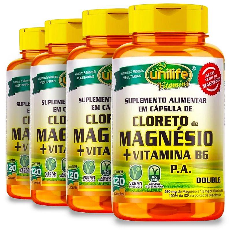 KIT C/ 4 CLORETO DE MAGNÉSIO PA + B6 120 Cáps 800mg UNILIFE - Cloreto de Magnésio / Magnésio ...