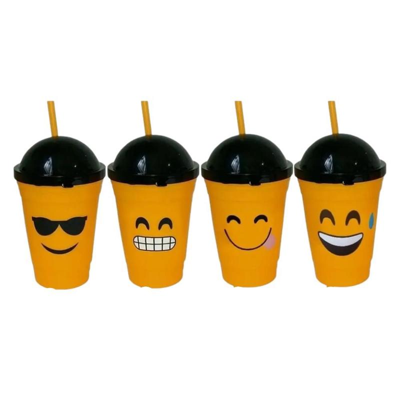 Kit C/ 4 Copos de Plástico Emoji/Carinhas com Tampa e Canudo - diplomat ...