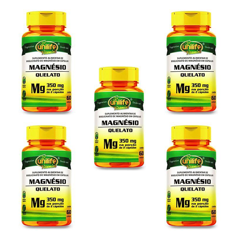 KIT C/ 5 MAGNÉSIO QUELATO 350mg - 60 Cápsulas 710mg UNLIFE - UNILIFE - Cloreto de Magnésio ...