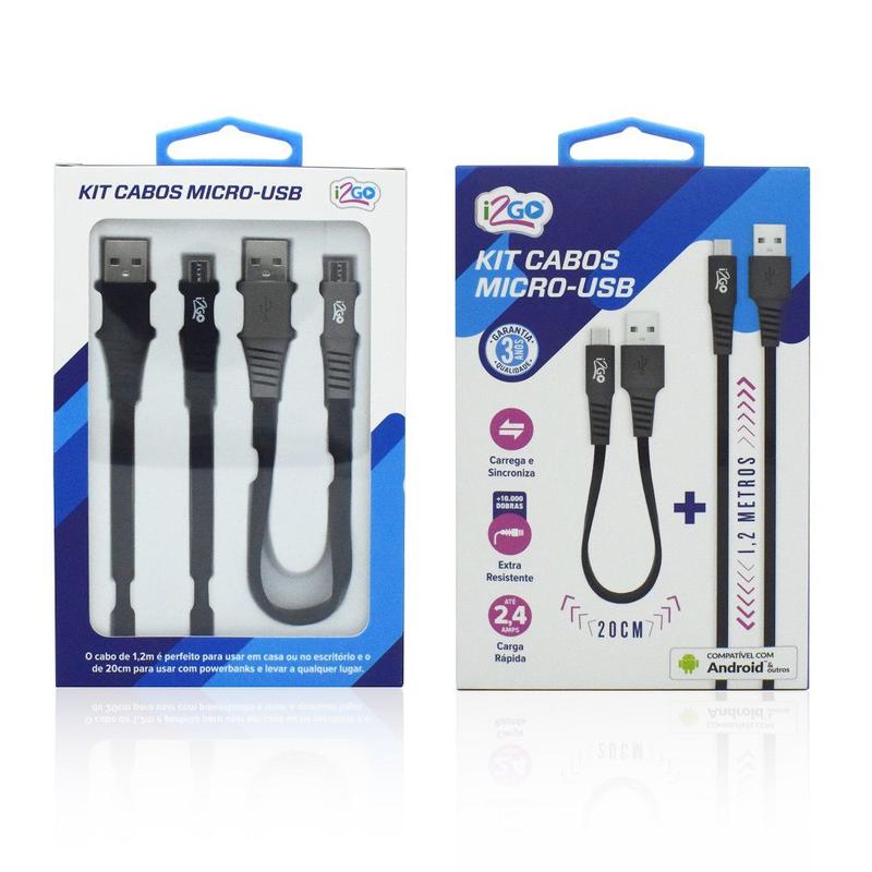 Kit Cabo Micro USB Plus 1,2m e 20cm Cinza 1 UN I2GO - Micro USB ...