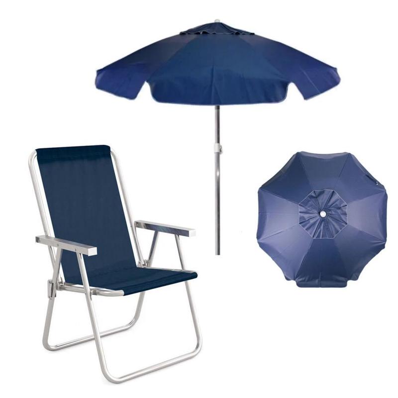 Kit Cadeira de Praia Alta Aluminio Sannet Azul + Guarda Sol 1,60 Mts ...