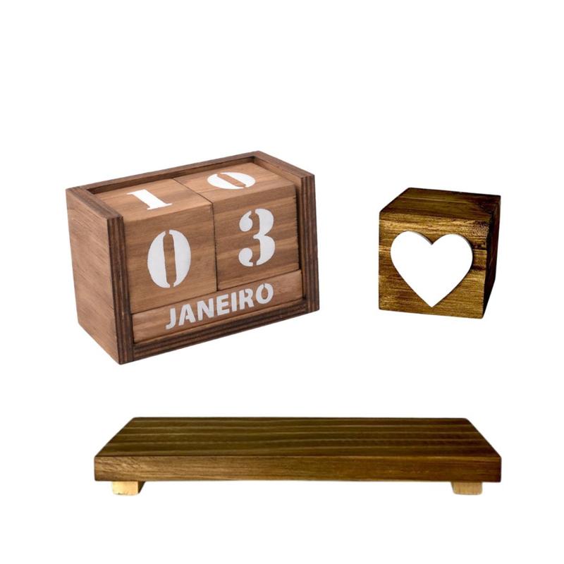 Kit Calendário de Madeira Rústica + Bandeja + Cubo Coração Rústico com ...
