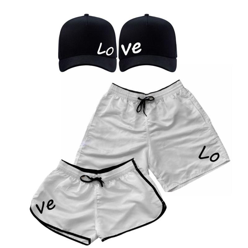 Kit Casal Short Combinando Moda Praia e Bonés Aba Curva Estampado Love ...