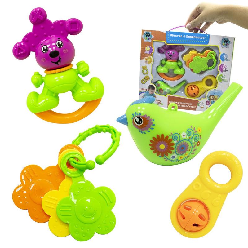 Kit Chocalhos 4 Peças Baby Bebê Musical Infantil Divertido Colorido ...