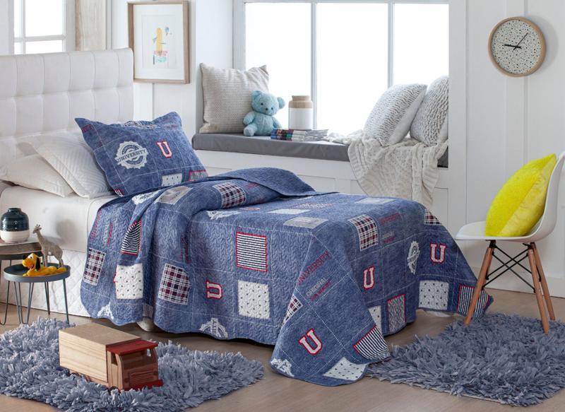 Kit Colcha Cobre Leito Infantil Estampado Travesseiro Menino Dupla Face Patchwork Solteiro 2 ...