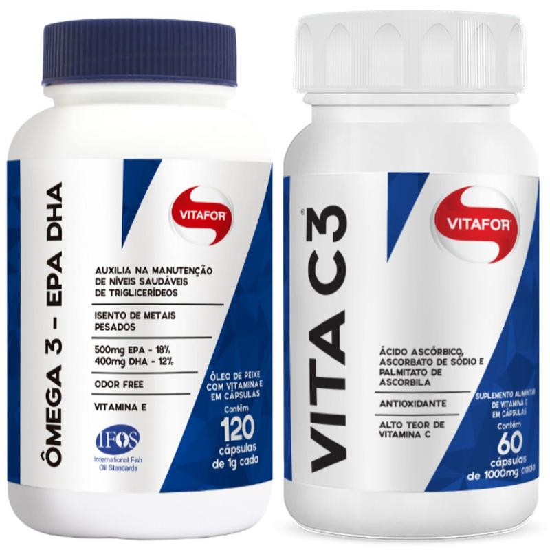 Kit com 1 x ômega 3 epa dha 120 cápsulas + 1 x vita c3 60 cápsulas ...