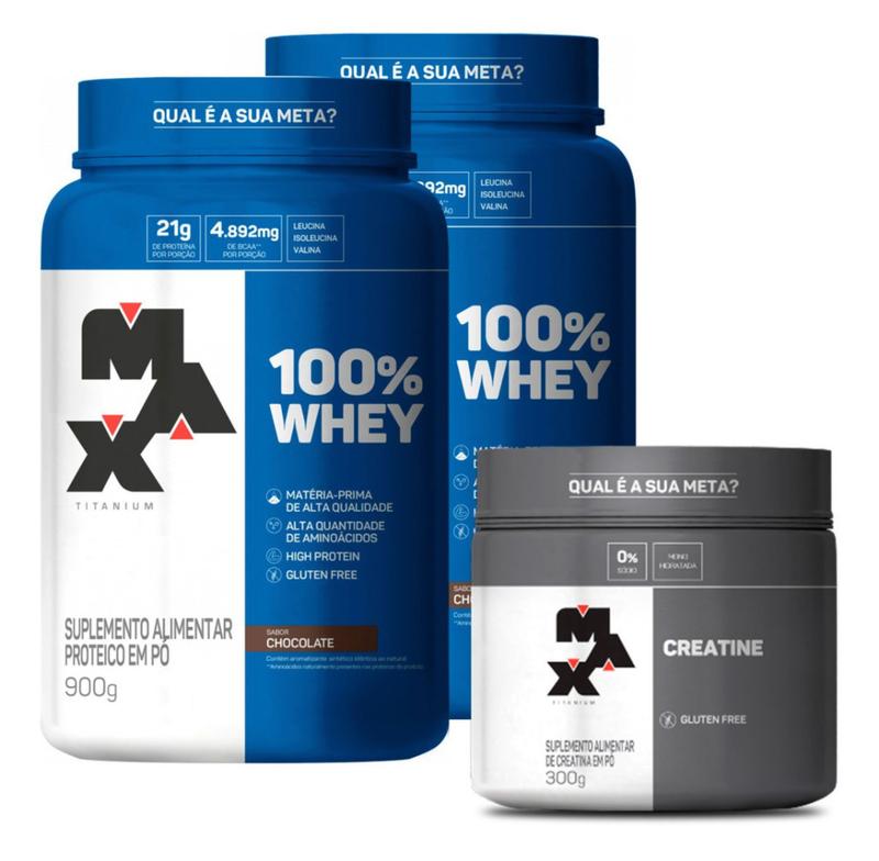 Kit com 2 Proteínas 100% Whey Max Titanium 900g + 1 Creatina ...