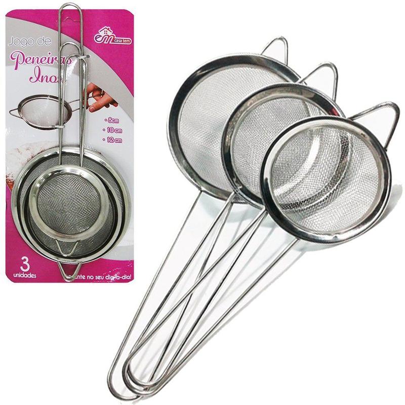 Kit com 3 Peneira Coador de Aço Inox Tamanhos 8, 10 e 12 cm - Casa Tem ...