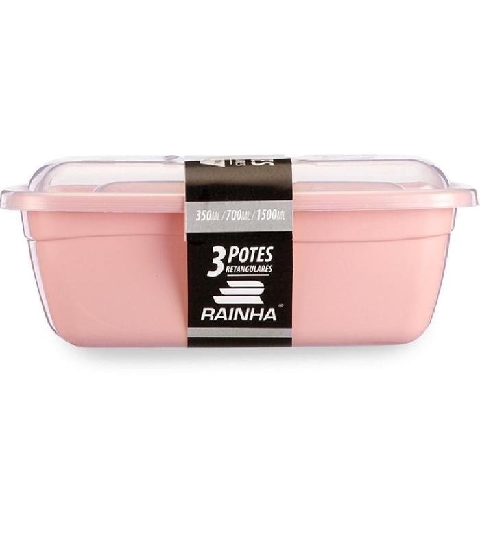 Kit com 3 Potes Plástico Retangular 350, 700 e 1500 ML Cores Variadas ...