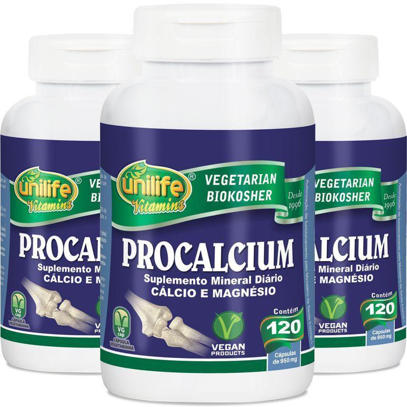 Kit com 3 Procalcium Cálcio e Magnésio 120 cápsulas Unilife - Cálcio ...