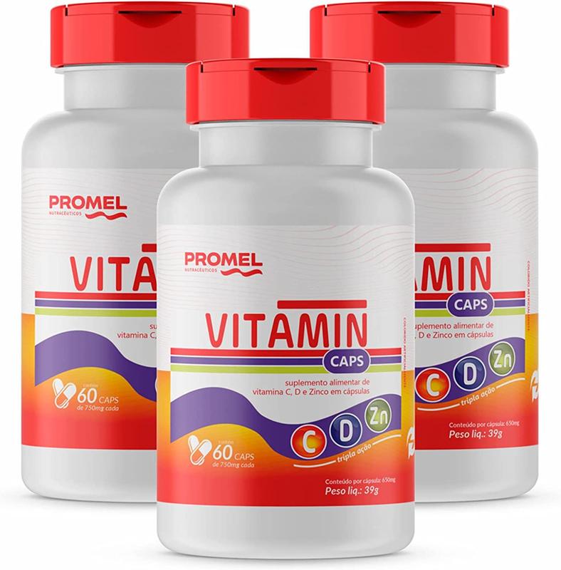 Kit Com 3 Vitamin Promel Vit C, D e Zinco 60 Caps de 750mg ...