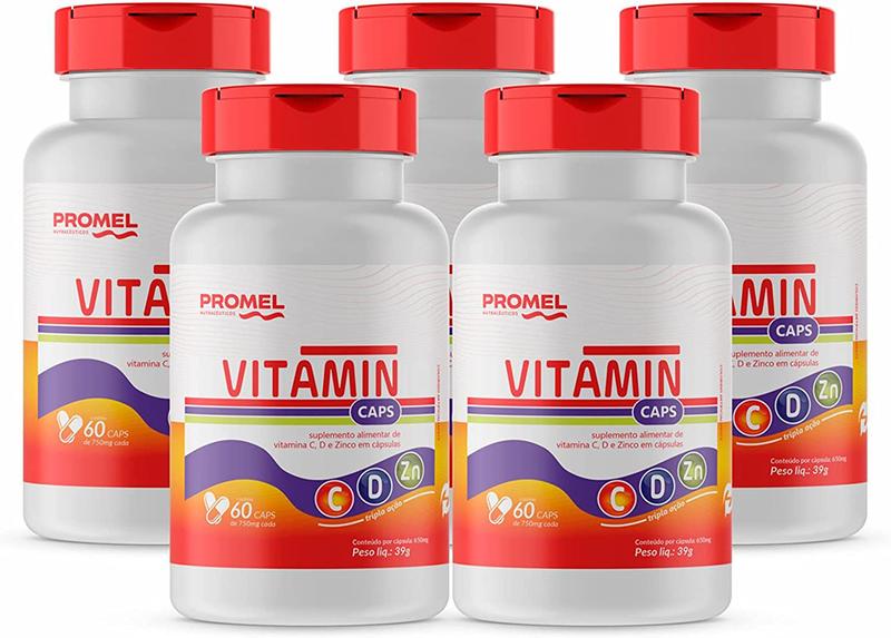 Kit Com 5 Vitamin Promel Vit C, D e Zinco 60 Caps de 750mg ...