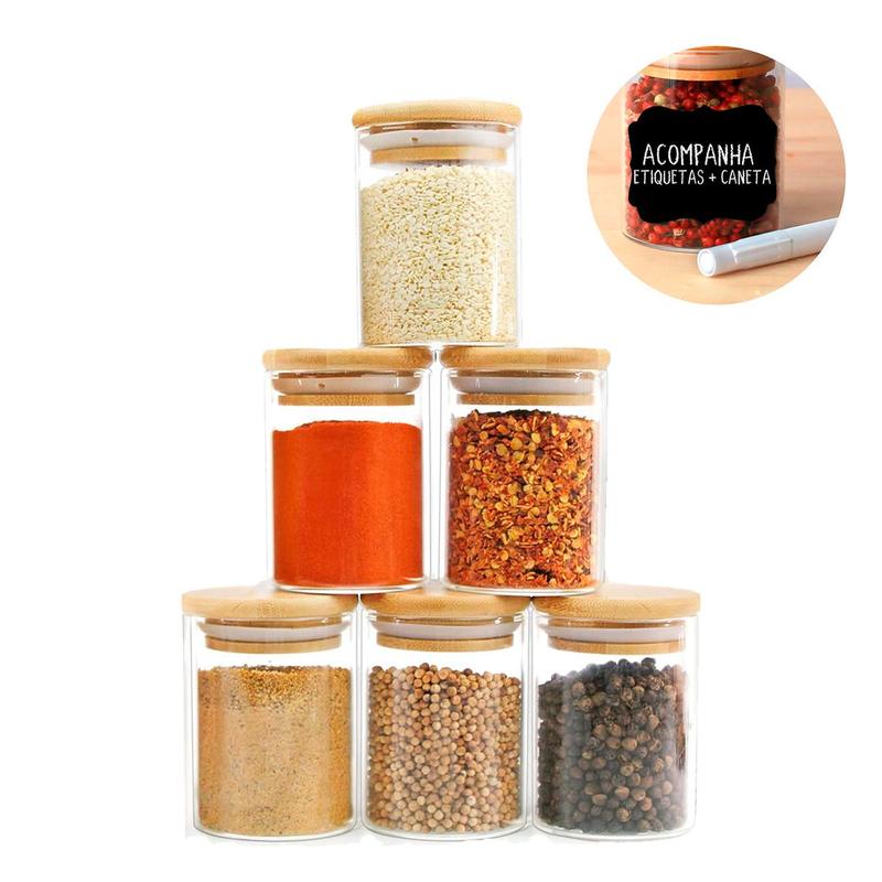 Kit com 6 Potes de Vidro Herméticos Porta Tempero 200ML - KTCH - Porta ...