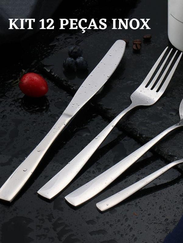 Kit Conjunto 12 Talheres Inox Garfo Faca Cozinha Mesa Restaurante Bar ...