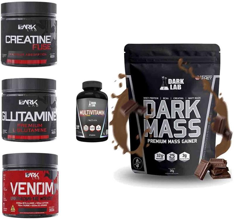 Kit Dark Mass 3kg Torta de Limão + Venom Frutas Verm + Crea Fuse 150g + Gluta 150g+ Multi Dark ...