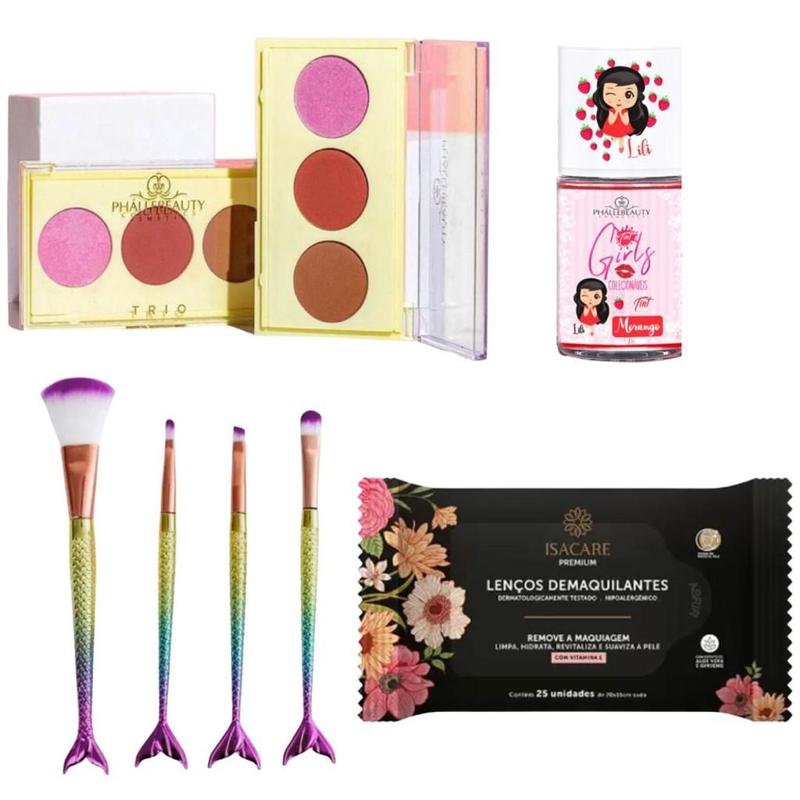 Kit de blush, iluminador, contorno, pincel, demaquilante e lip tint ...