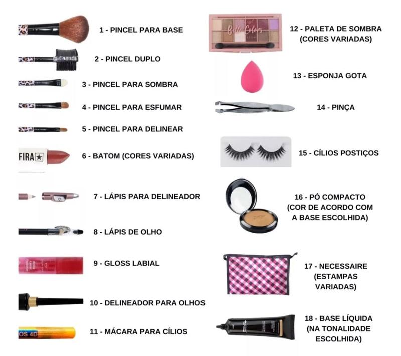 Kit De Maquiagem Completo Com Necessaire - 18 Itens - Famosas - Kits de ...