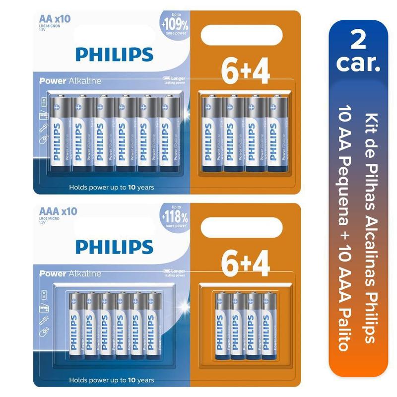 Kit de Pilhas Alcalinas Philips 10 AA Pequena + 10 AA Palito - Pilhas ...