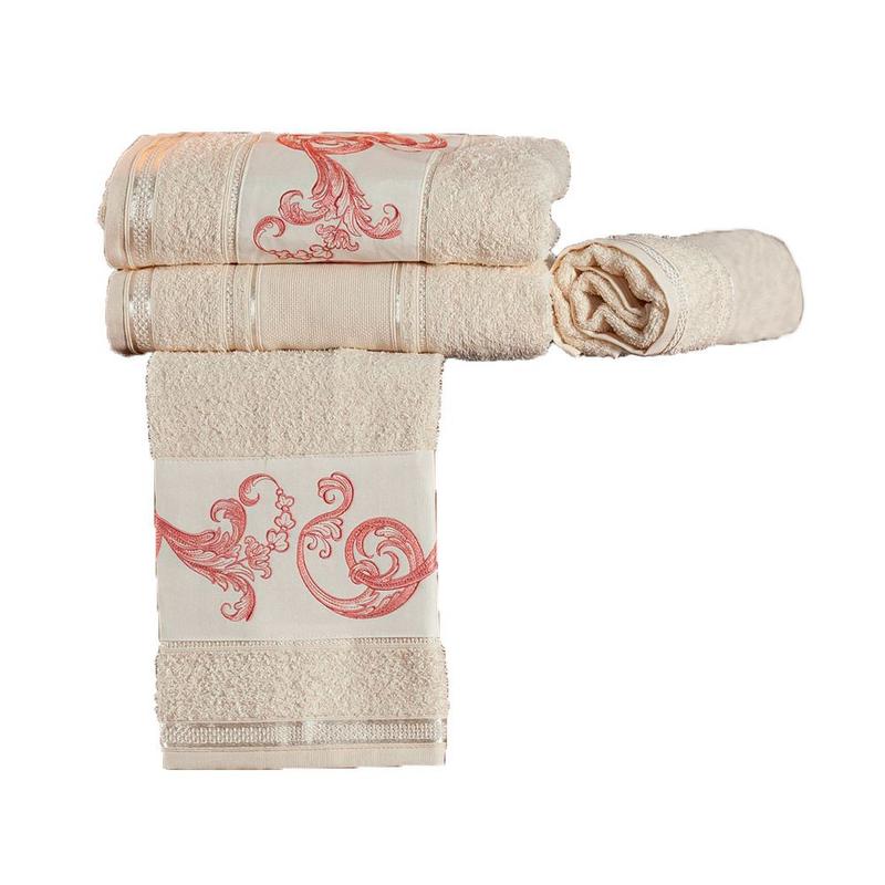 KIt De Toalhas Arabesco 100% Algodão Banho e Rosto Bordada Palha e Rose ...