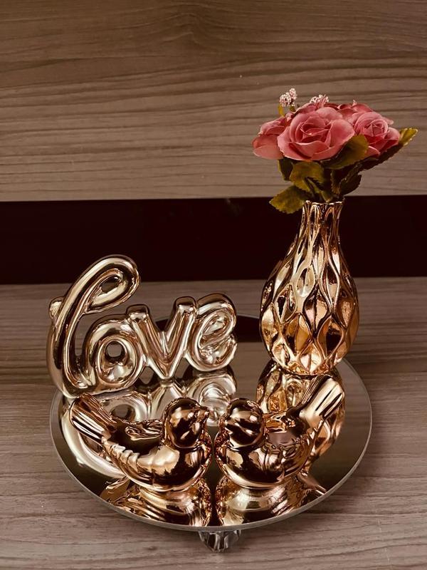 Kit Decoração Sala Rose Gold Vaso Flores Bandeja Vidro Passarinho Mesa ...