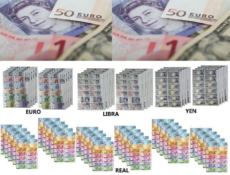 Kit dinheirinho do mundo 120 folhas sortidos euro libra yen real ...
