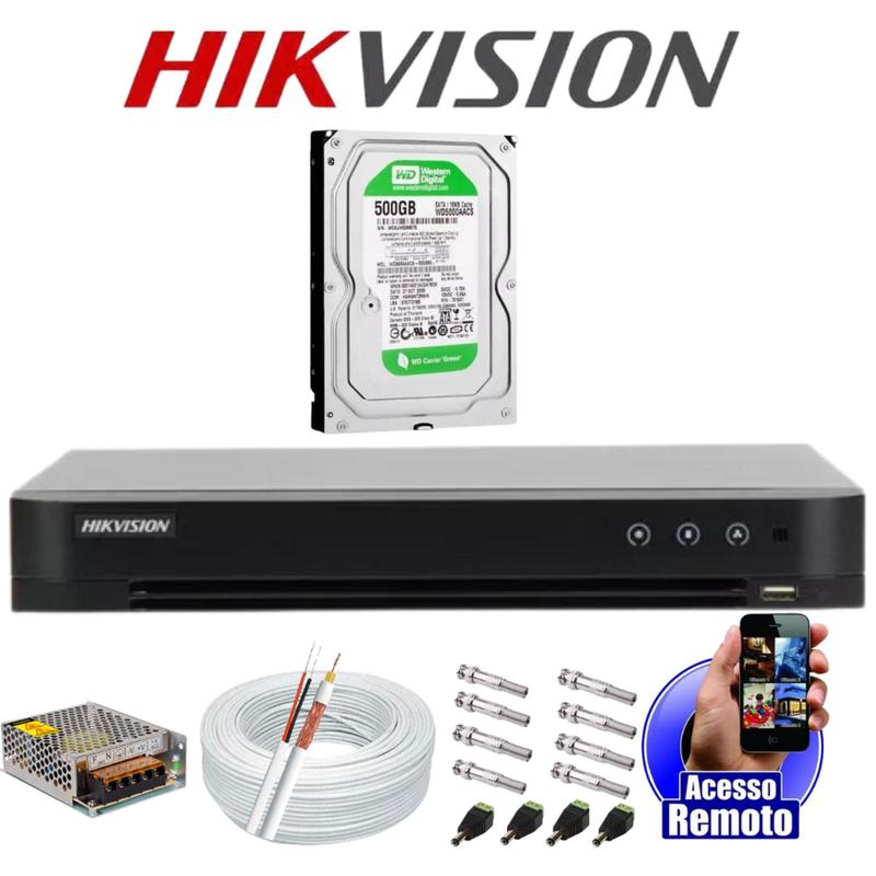 Kit Dvr 4 Canais Hikvision Full Hd 500GB + Cabo + fonte + Conectores ...