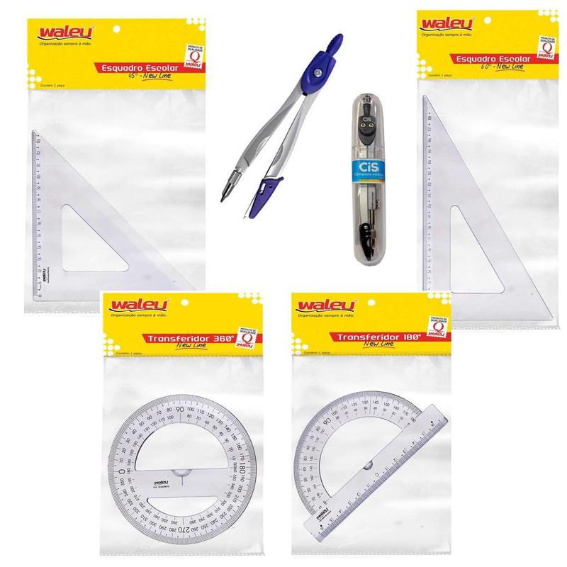 Kit Escolar 5 Peças com Transferidor Esquadro e Compasso Ideal para uso ...