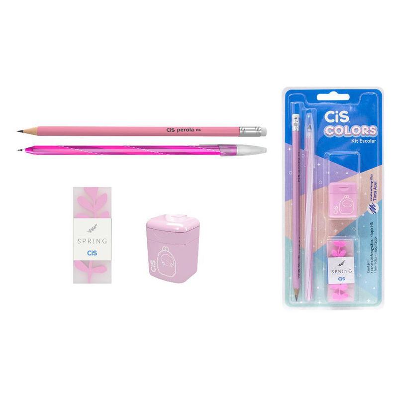 Kit Escolar Colors Rosa Blister Com 1 Caneta, 1 Lápis, 1 Apontador, 1 ...