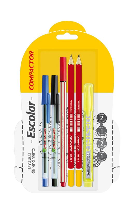 Kit Escrita Compactor com 3 Canetas, 2 Lápis e 1 Marca Texto Amarelo ...