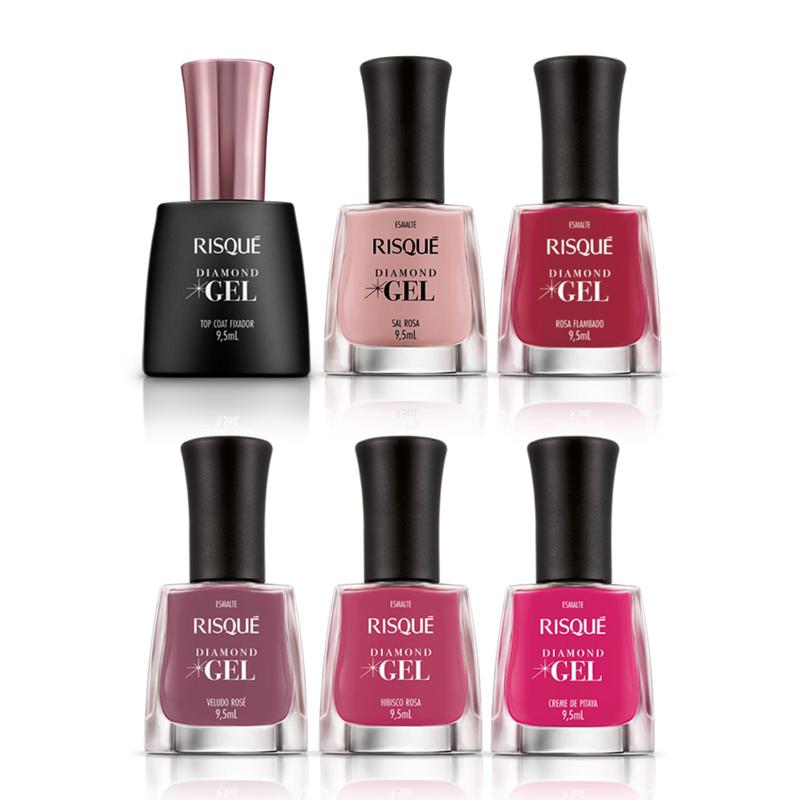 Kit Esmalte Diamond Gel Risque 5 Cores Rosa Vermelho Fixador - Esmalte ...